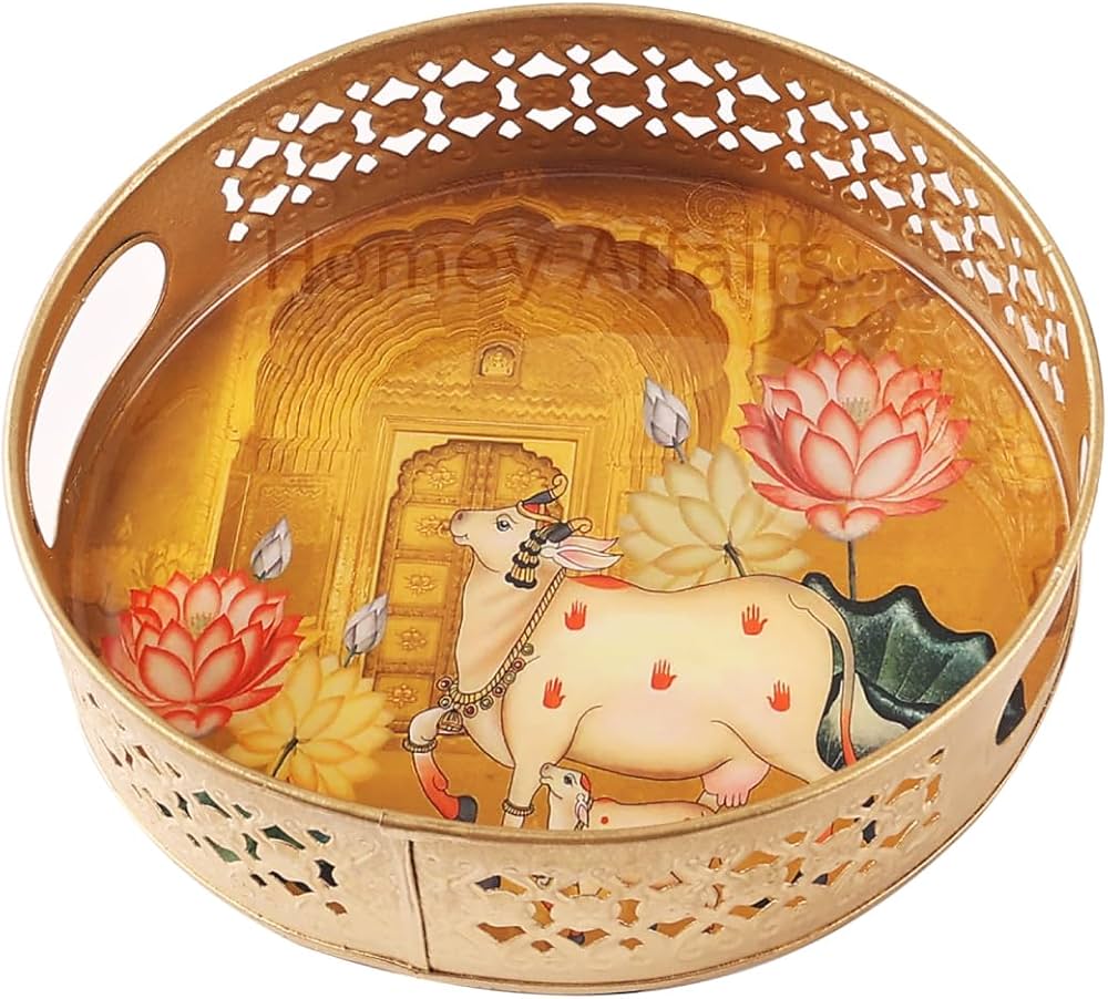 Golden Tray Pichwai Round – Assorted Metal Tray – Vizag Party Shop