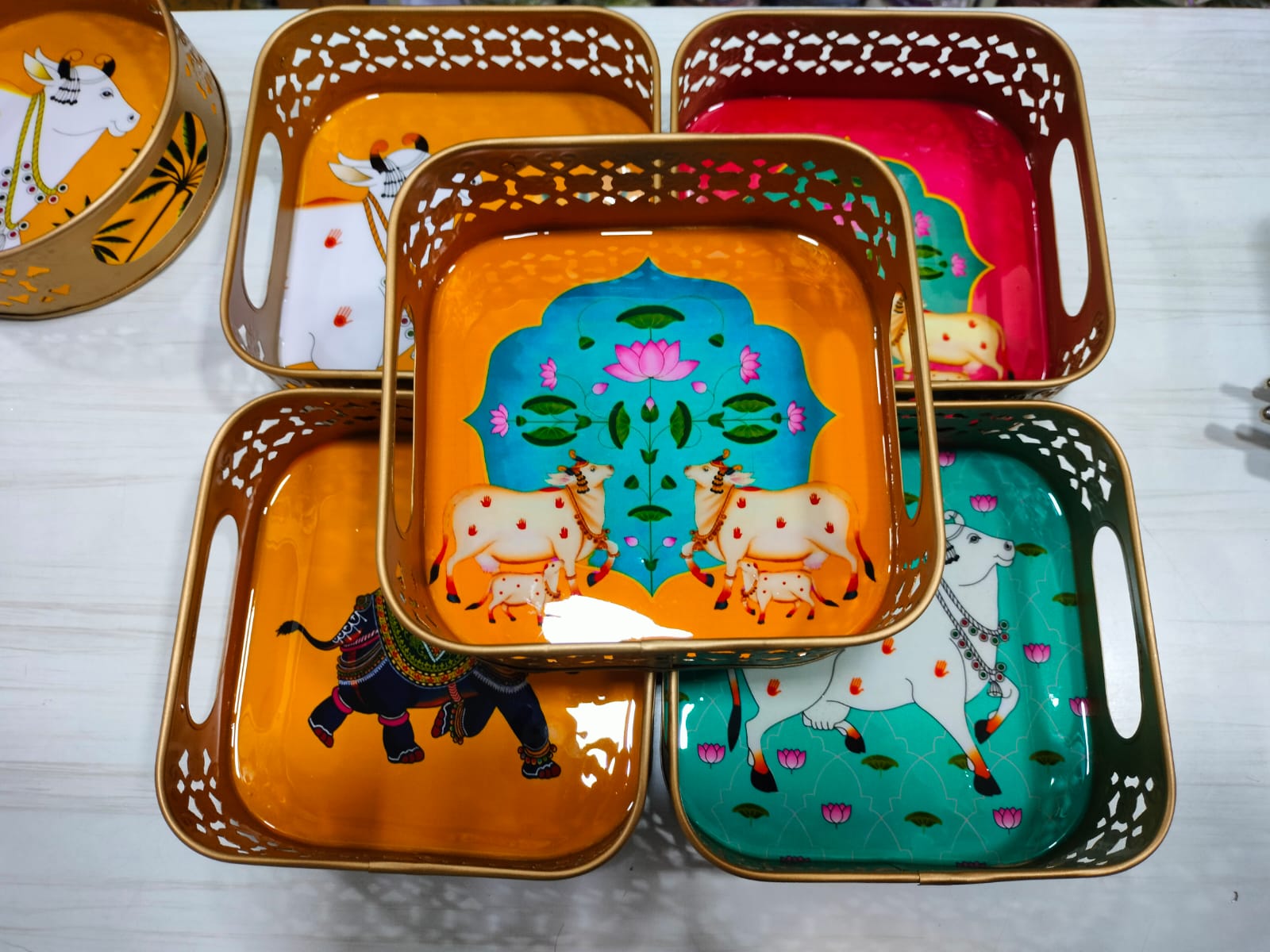 Tray Pichwai Square (6inch) – Assorted Metal Tray – Vizag Party Shop