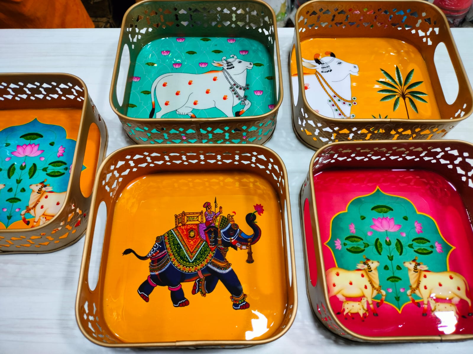 Tray Pichwai Square (6inch) – Assorted Metal Tray – Vizag Party Shop